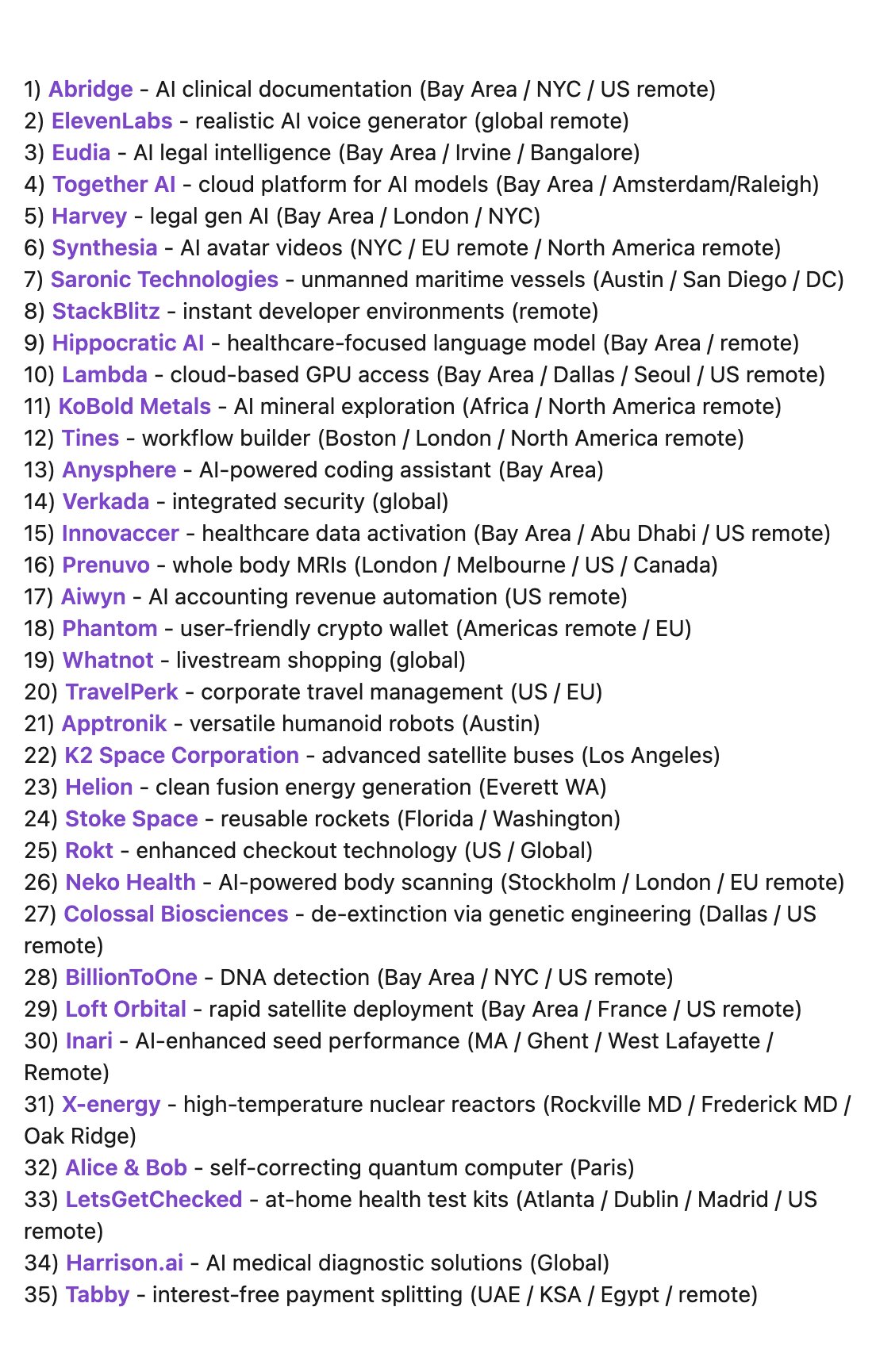 Ben Lang (@benlang): "These 35 startups each raised $100M+ funding rounds recently and are hiring:"