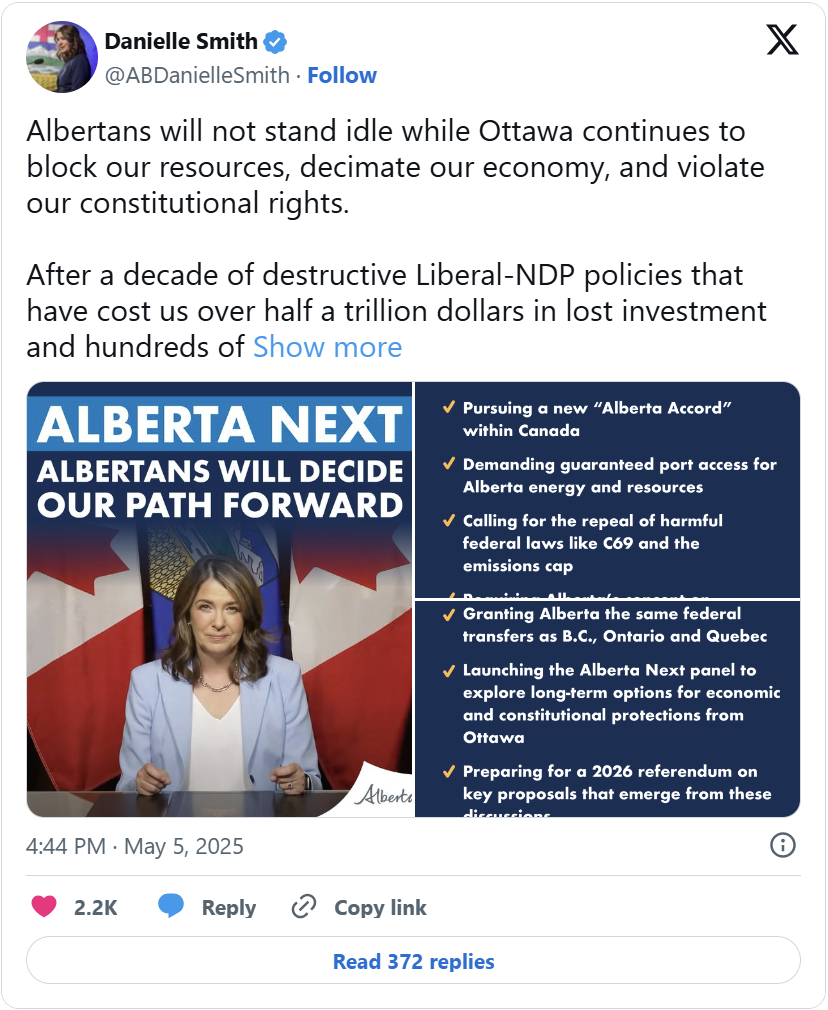 Smith pledges Alberta separation referendum in 2026 if enough signatures