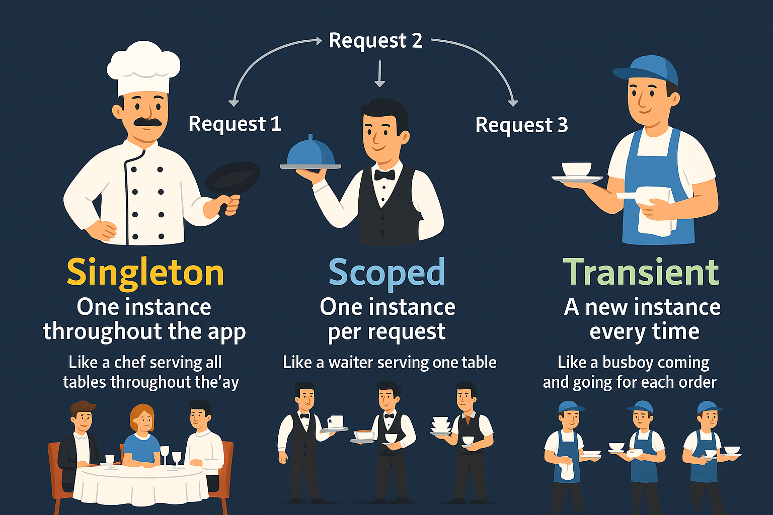 Singleton, Scoped & Transient in .NET — Explained Like You’re in a Restaurant