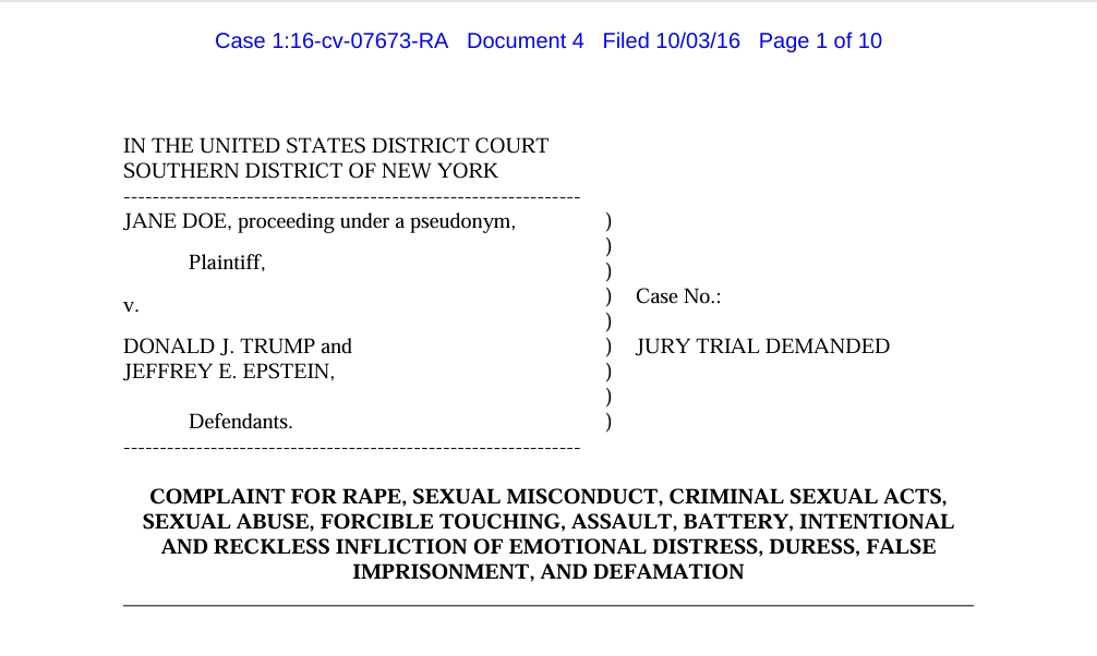 🧾 Why the Jane Doe Complaint Against Trump and Epstein Was Never Heard ...