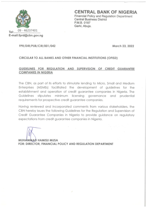 Alert: Central Bank of Nigeria Circular FPR/DIR/PUB/CIR/001/042