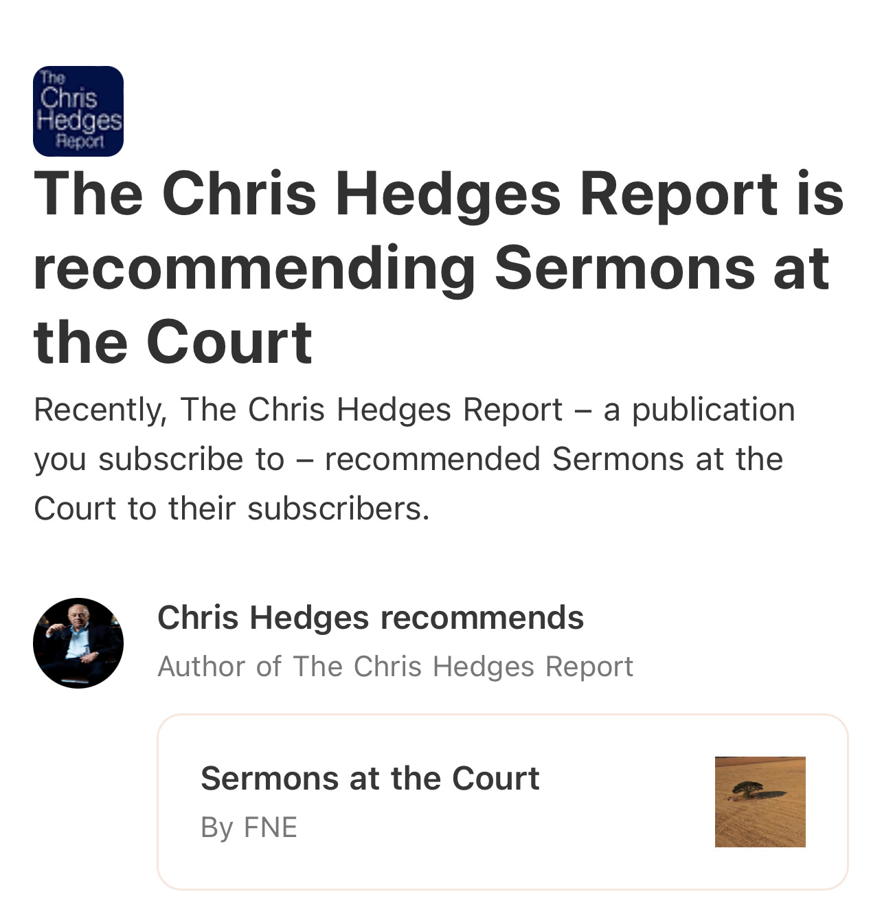 Sermons at the Court on Substack: "A huge honor. Thank you @Chris Hedges! One of the most ...