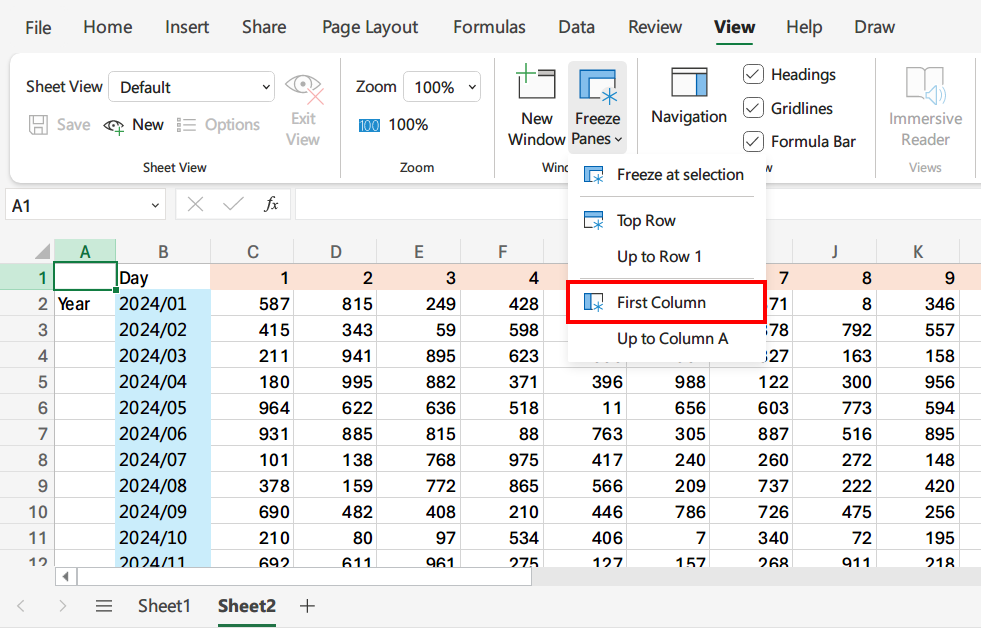 Excel online - Freeze row and column at the same time