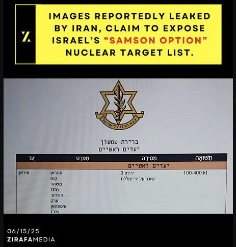 American cities are on Israel's "Samson Option" list of nuclear targets.