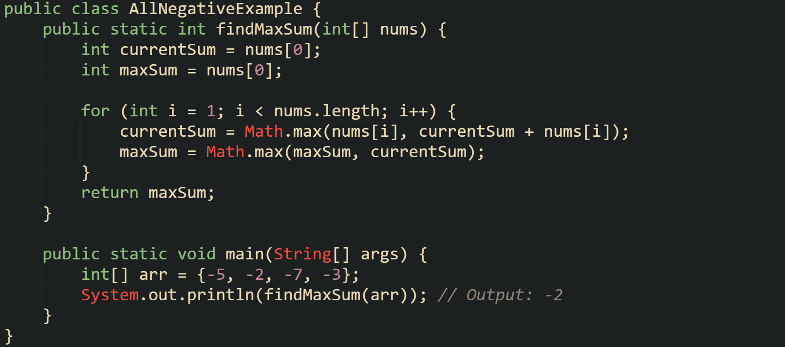 Kadane's Algorithm for Maximum Subarray in Java