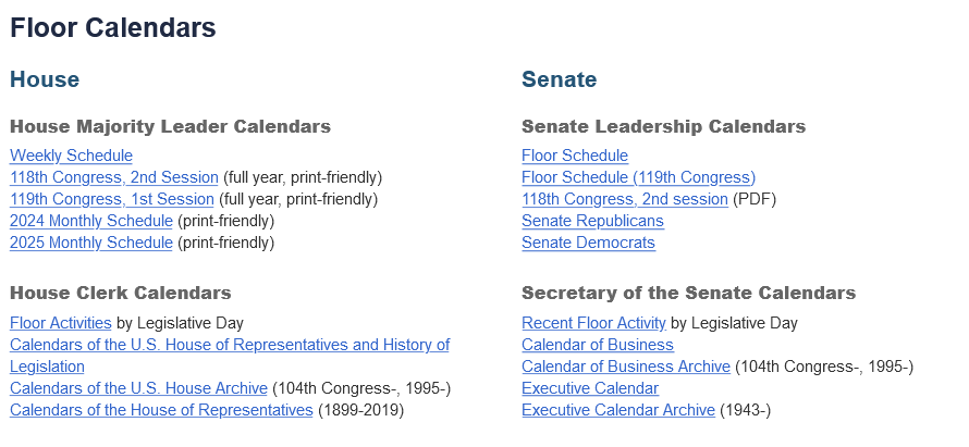 Calendars for the Senate and House of Representatives
