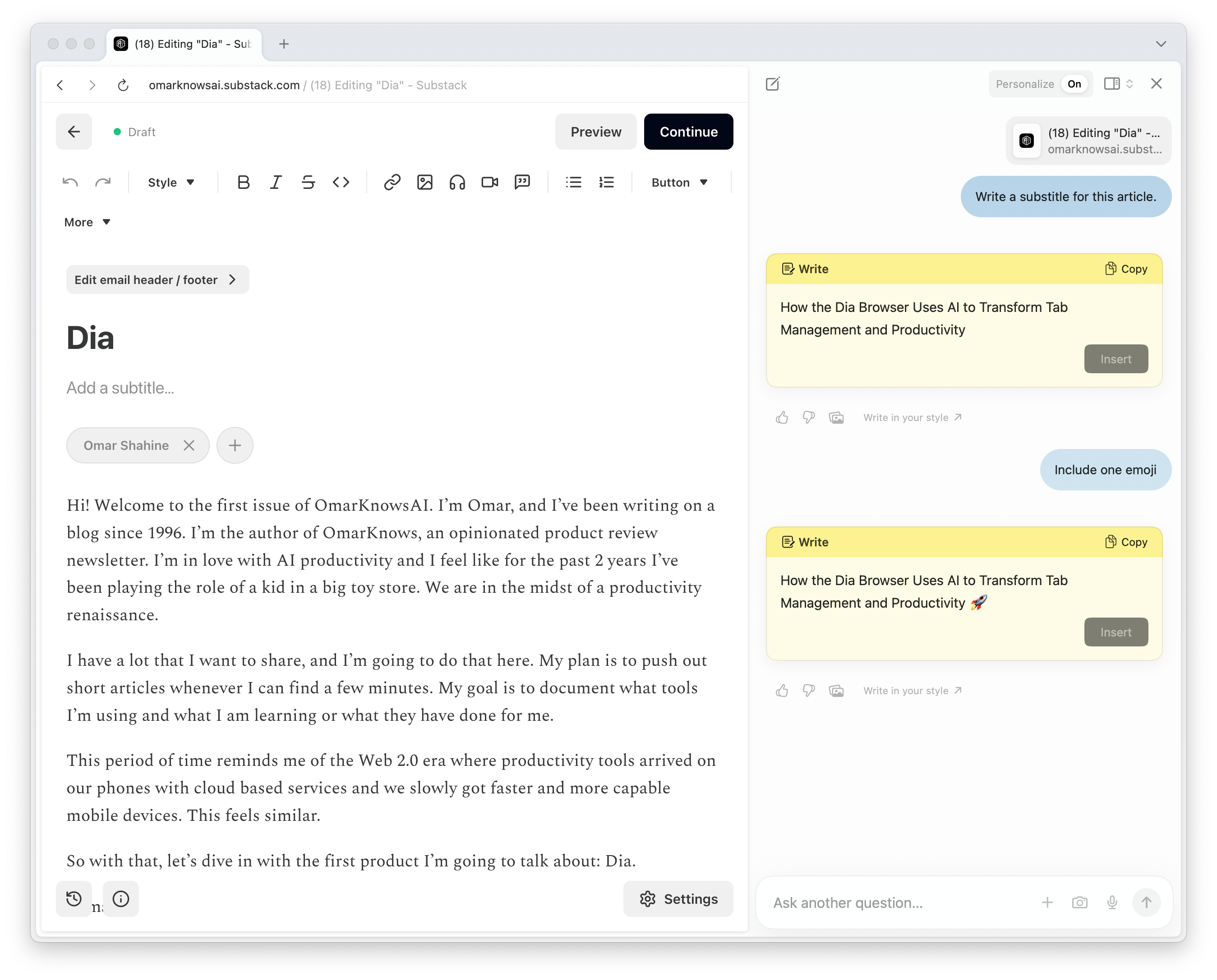 Dia - Chat with your Tabs - by Omar Shahine - OmarKnows AI