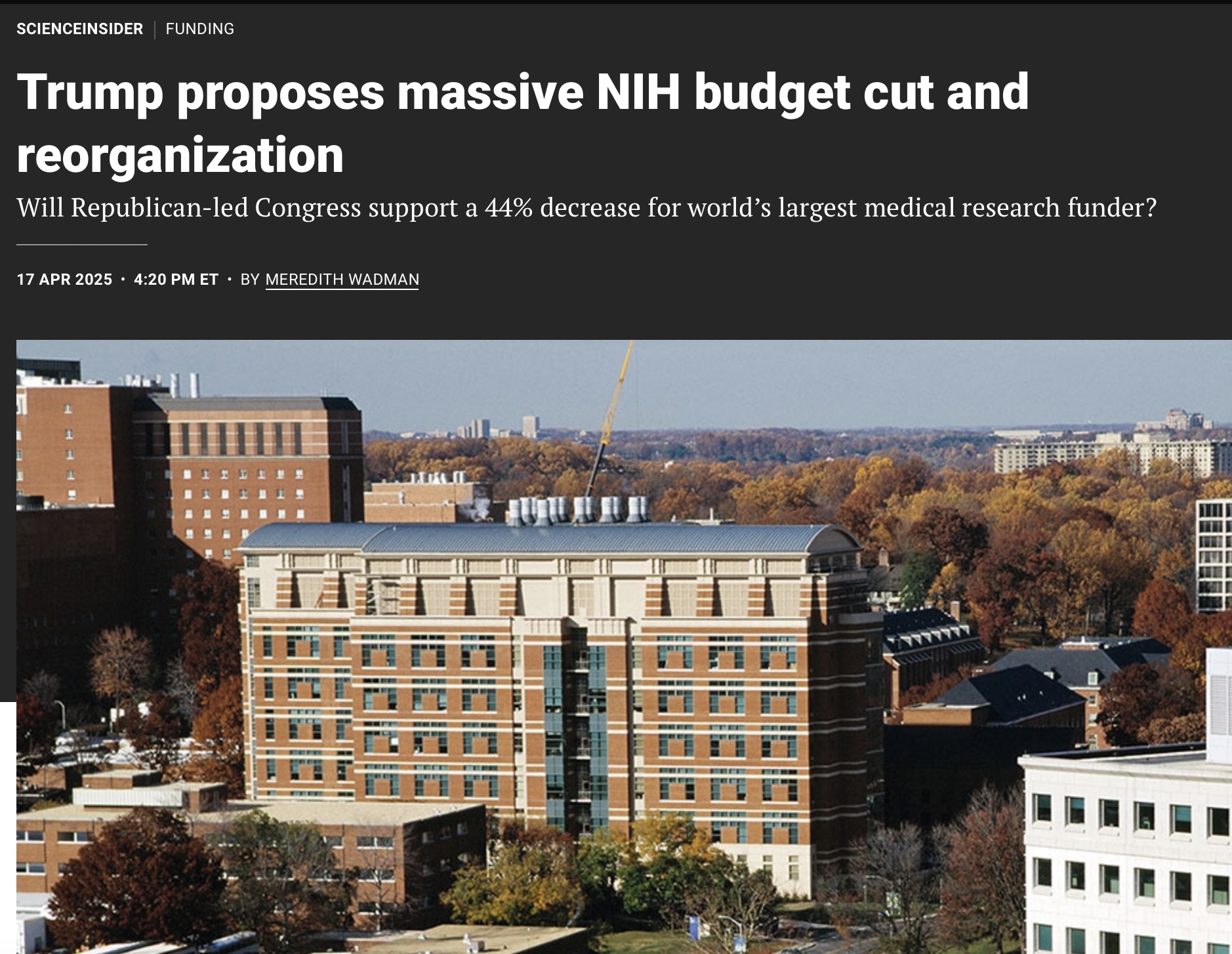 Massive NIH funding cut and reorganization proposed in leaked documents ...