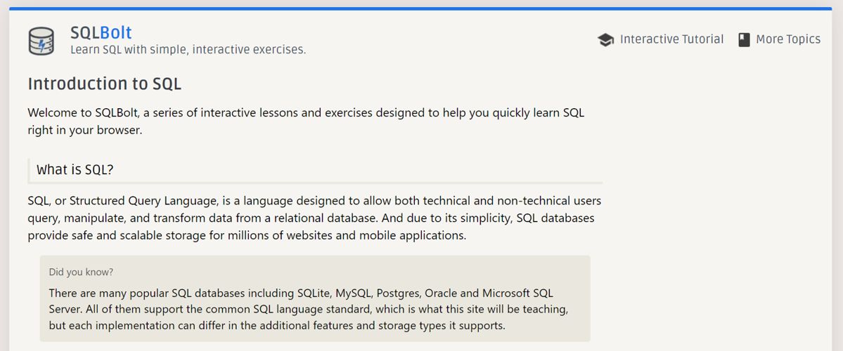 Practice SQL queries with SQL Bolt - by Eric Cai