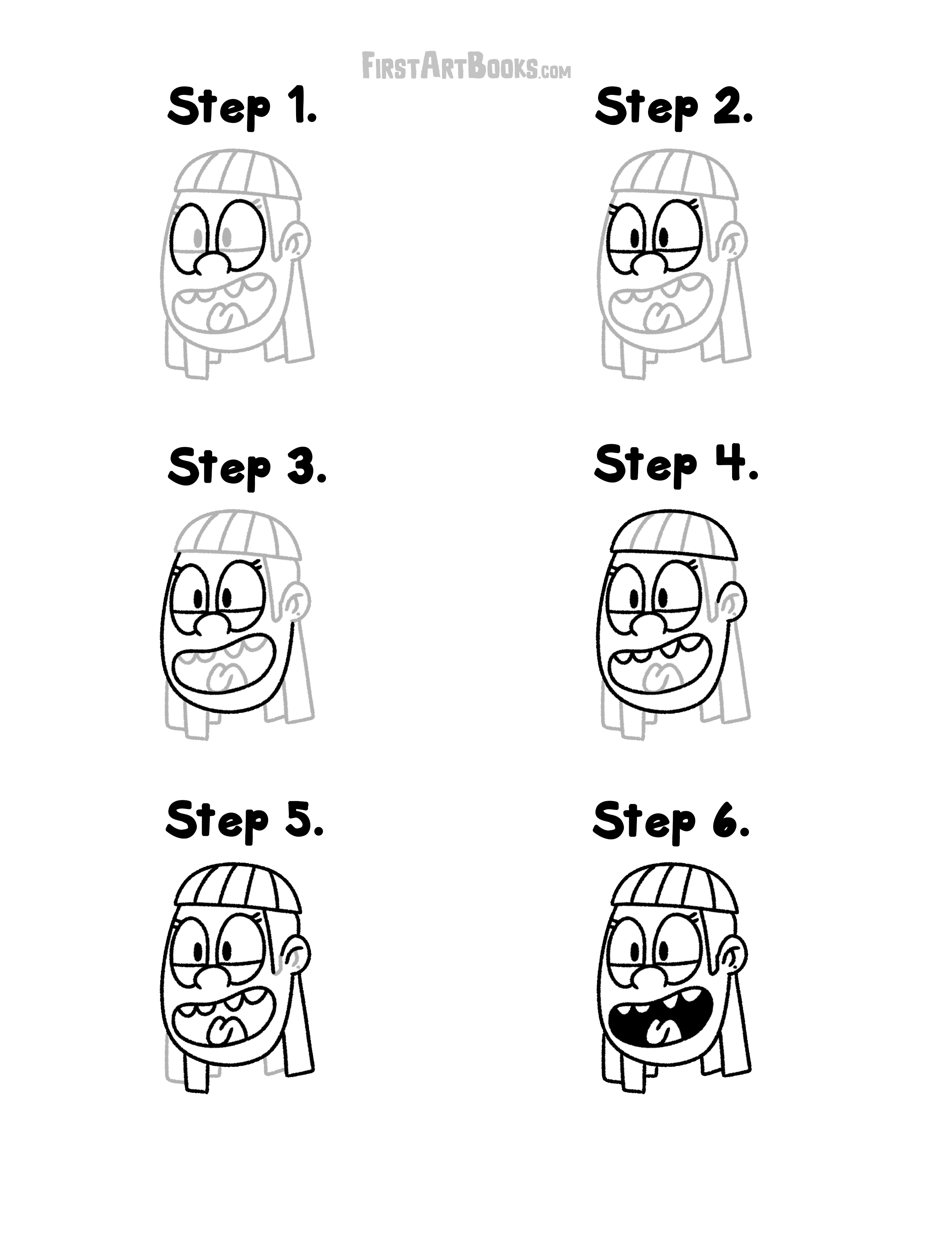 Free Activity Page: How To Draw A Cartoon Girl With A Big Smile | Step ...