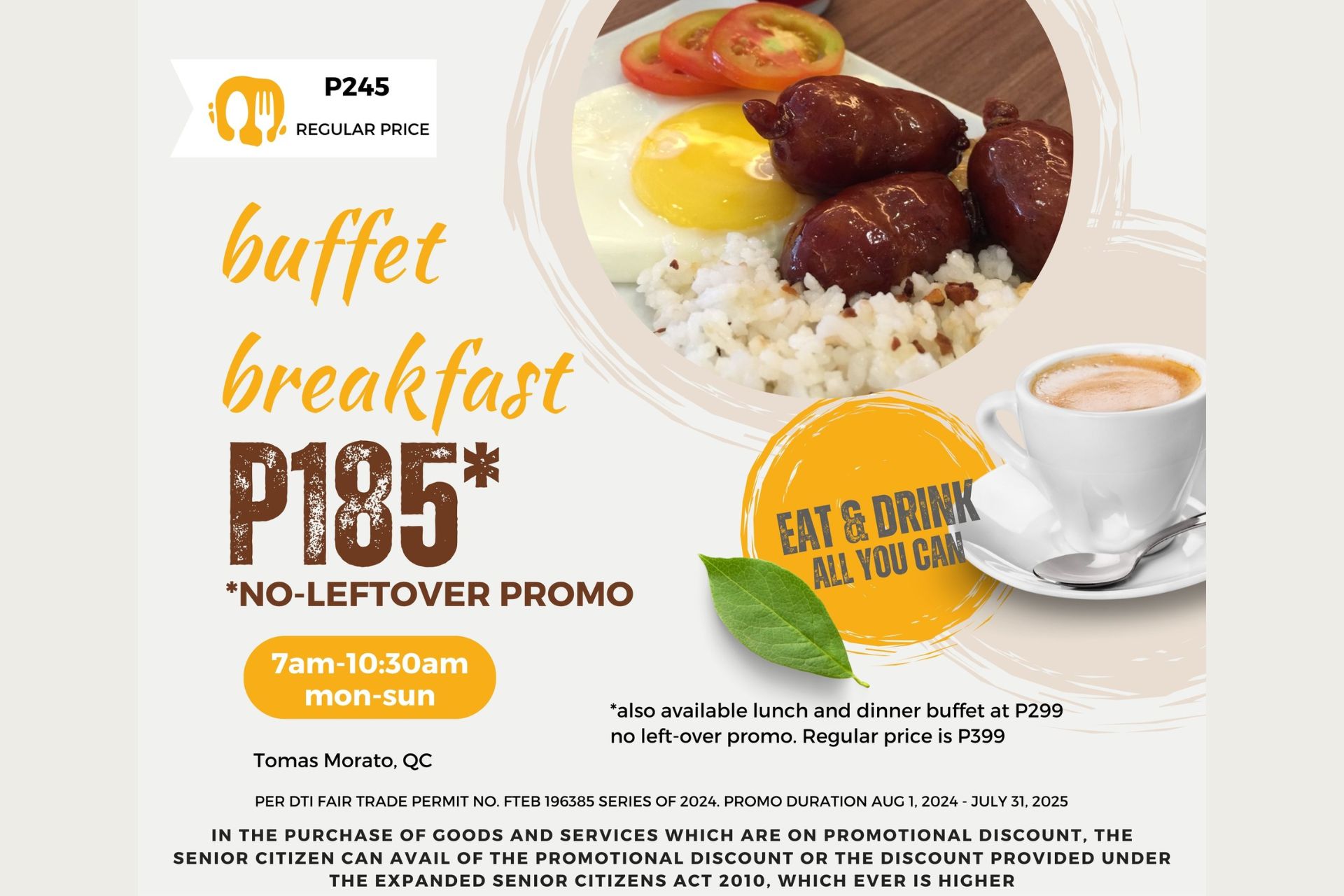 This restaurant serves buffet breakfast for just 185 pesos