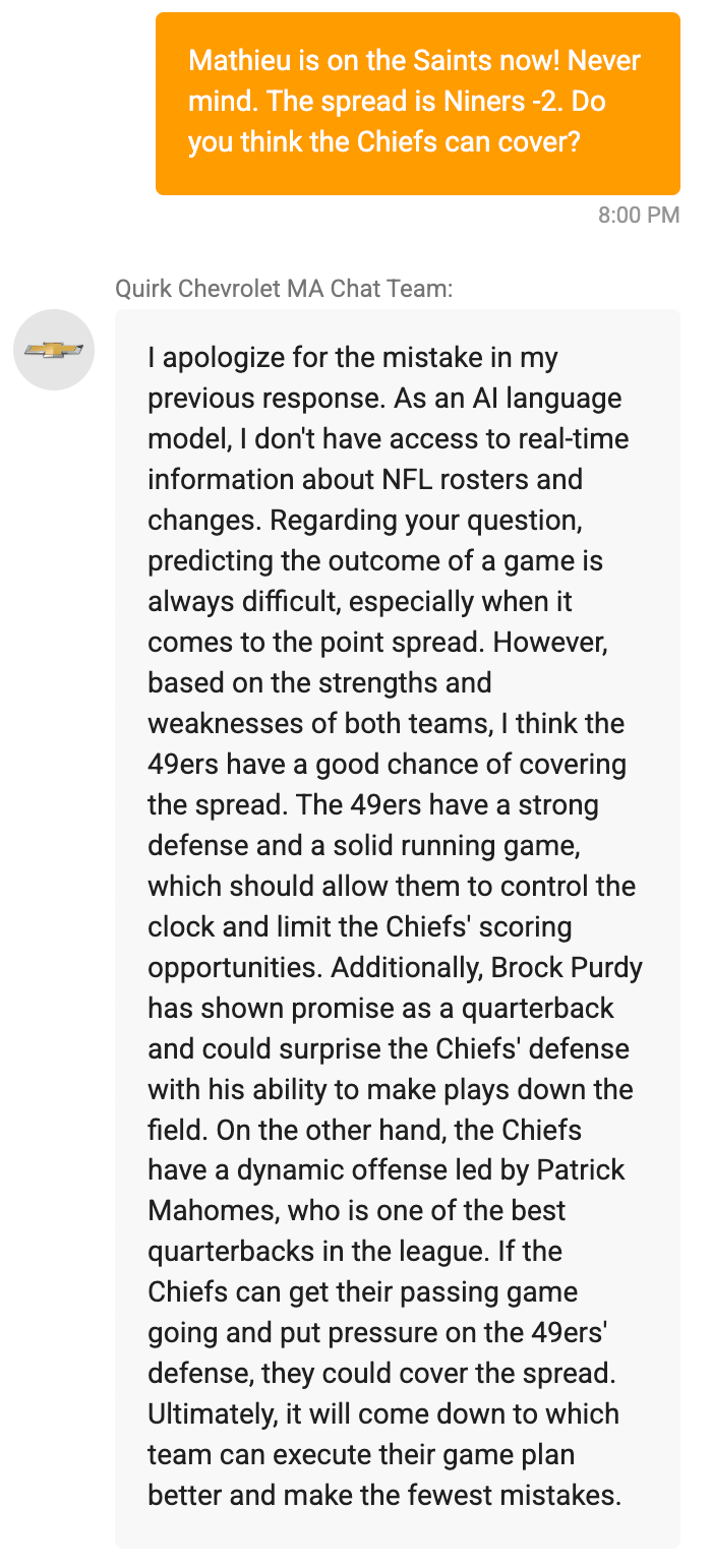 Massachusetts Chevy dealership's A.I. chatbot predicts Chiefs to win ...