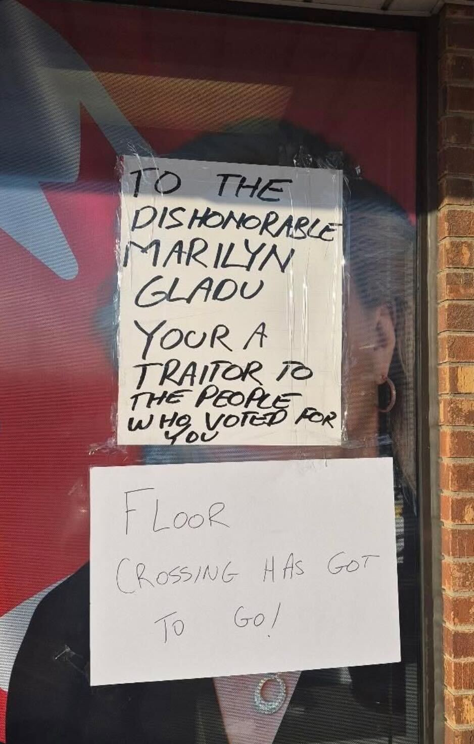 "Traitor" signs hit Gladu constituency office