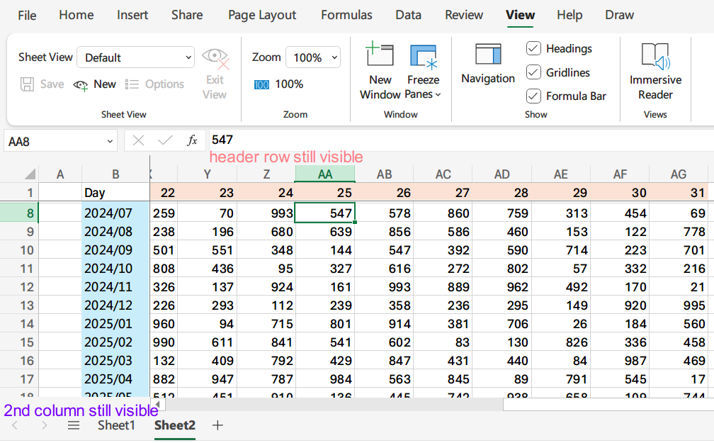 Excel online - Freeze row and column at the same time