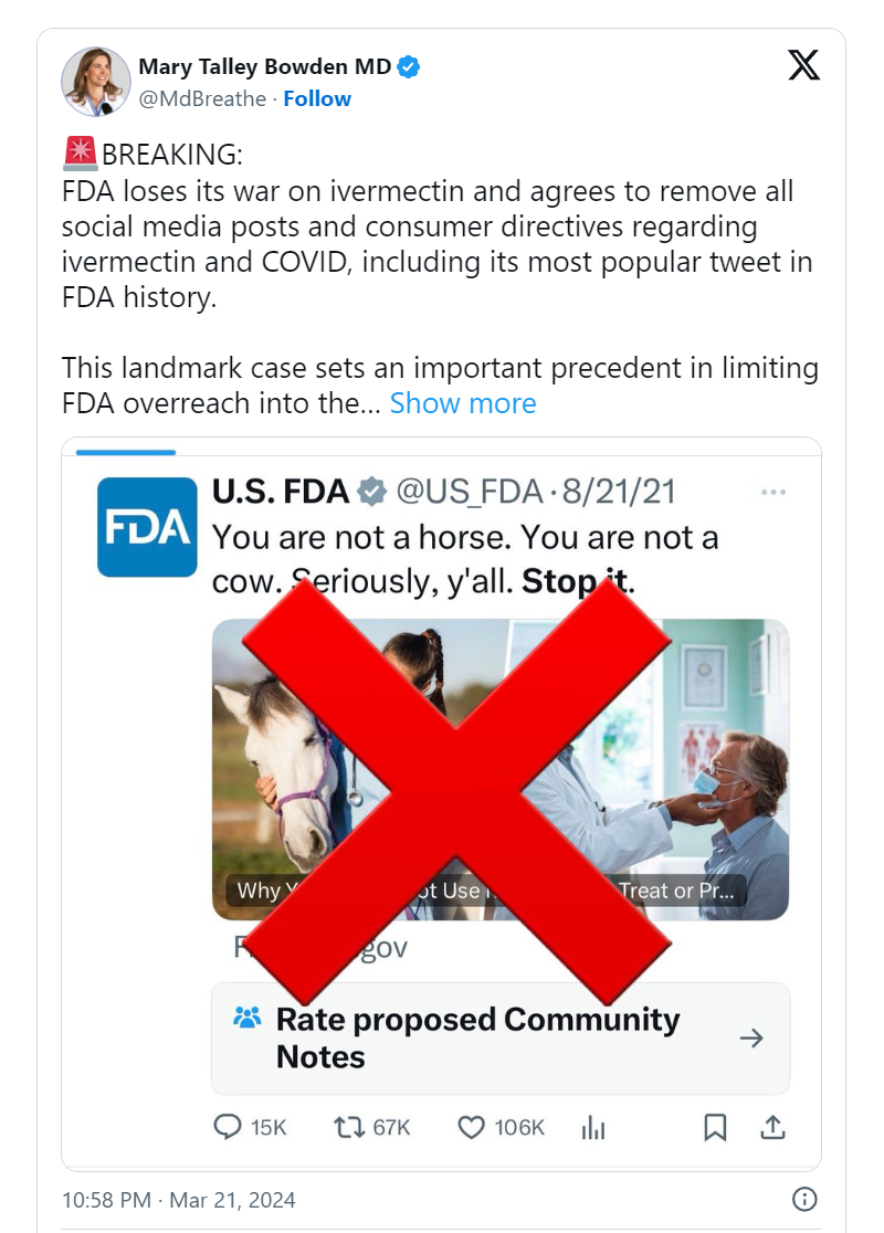BREAKING--Dr. Mary Talley Bowden Reacts to FDA Settlement on Ivermectin