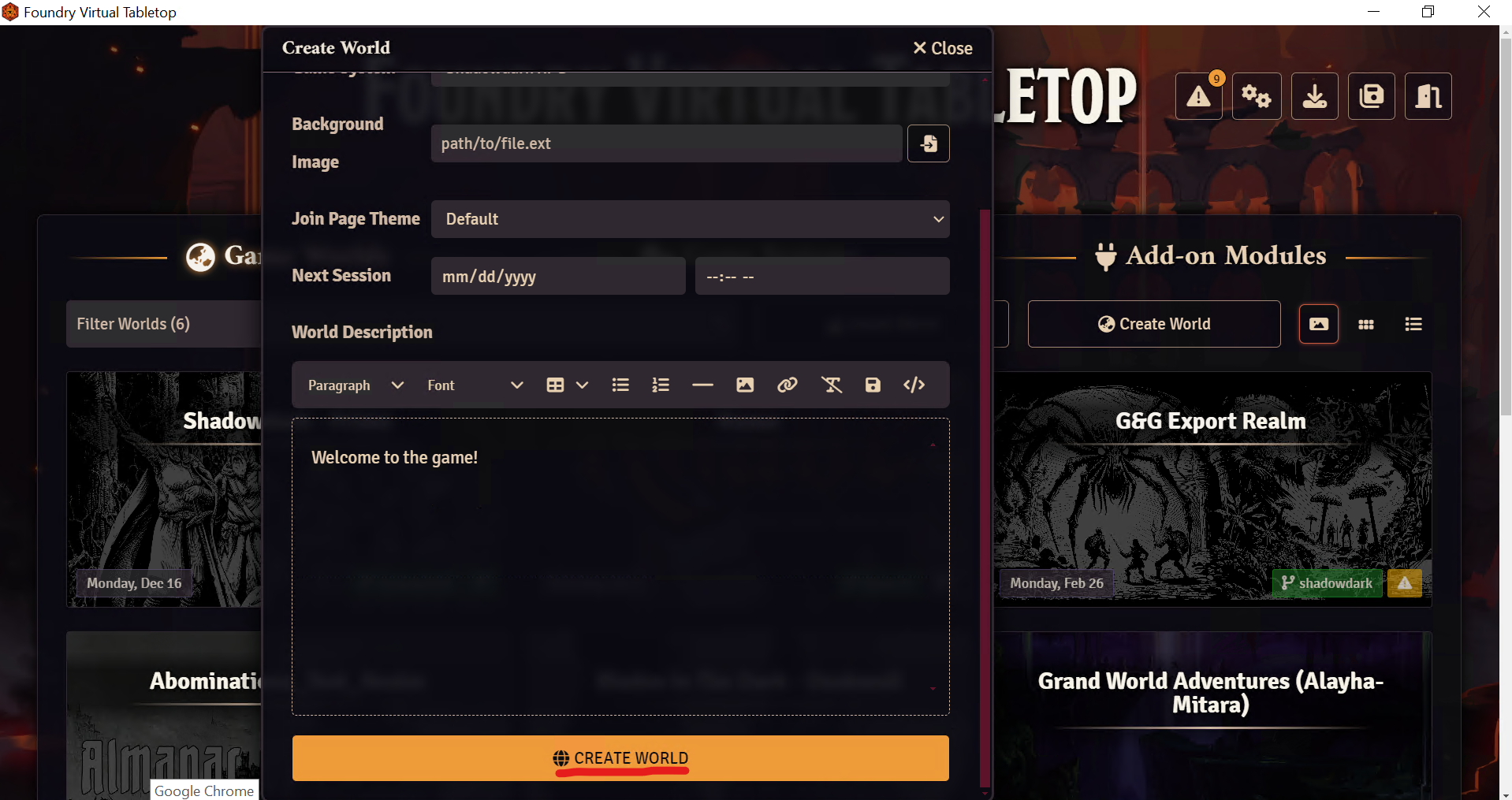 Setup A Game World In Foundry Virtual Tabletop
