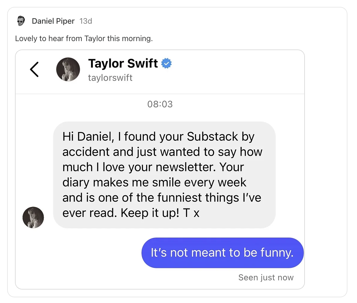 Daniel Piper on Substack: "Since sharing this message which I received from a fan named Taylor ...