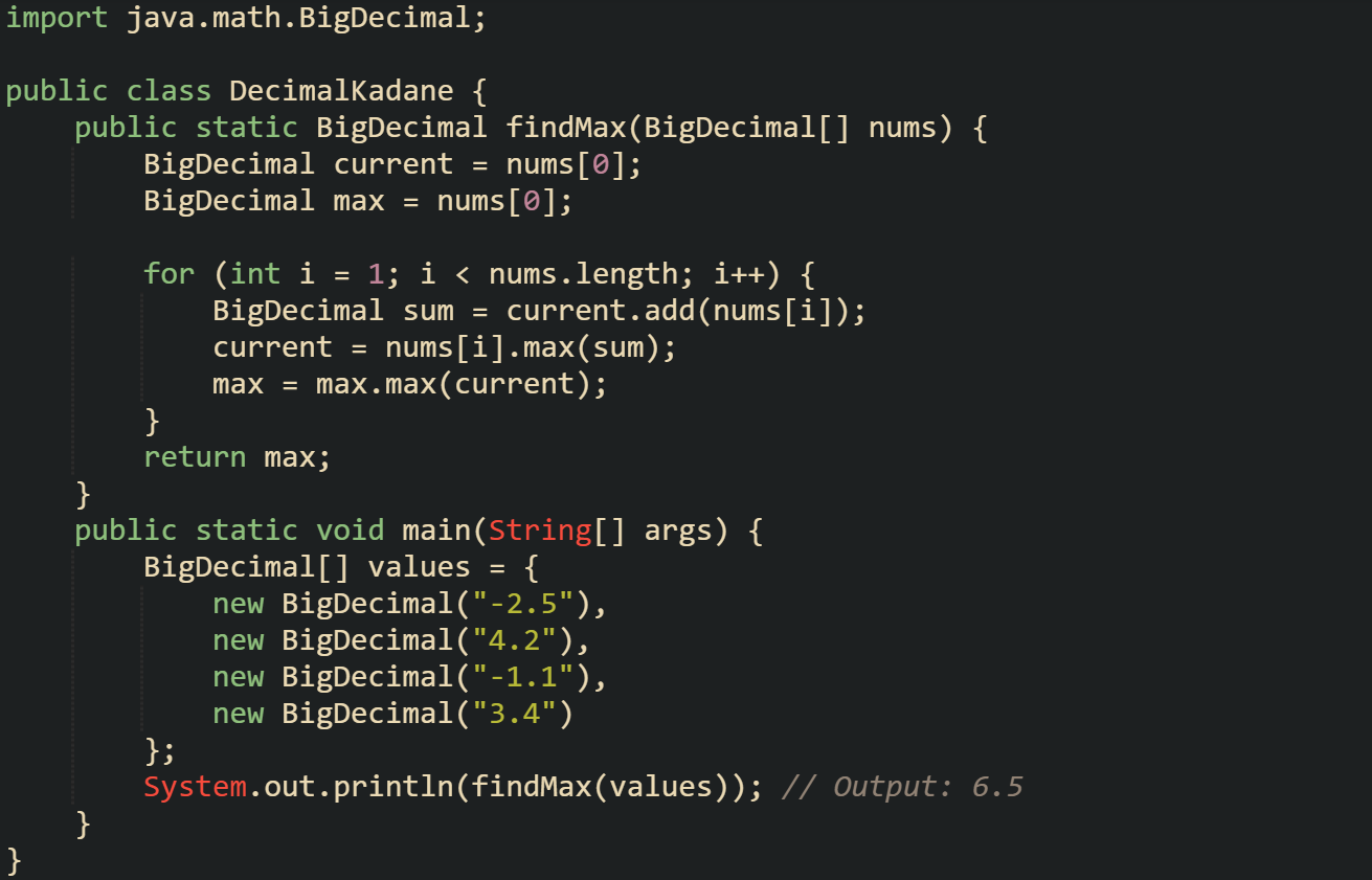 Kadane's Algorithm for Maximum Subarray in Java