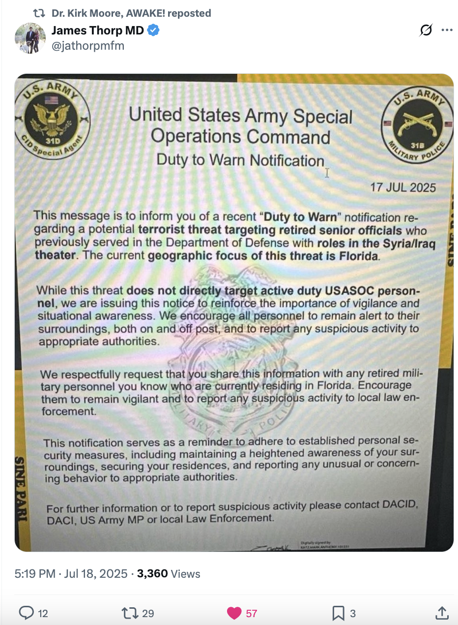 A "DUTY TO WARN" Issued from the U.S. Army Special Operations Command ...