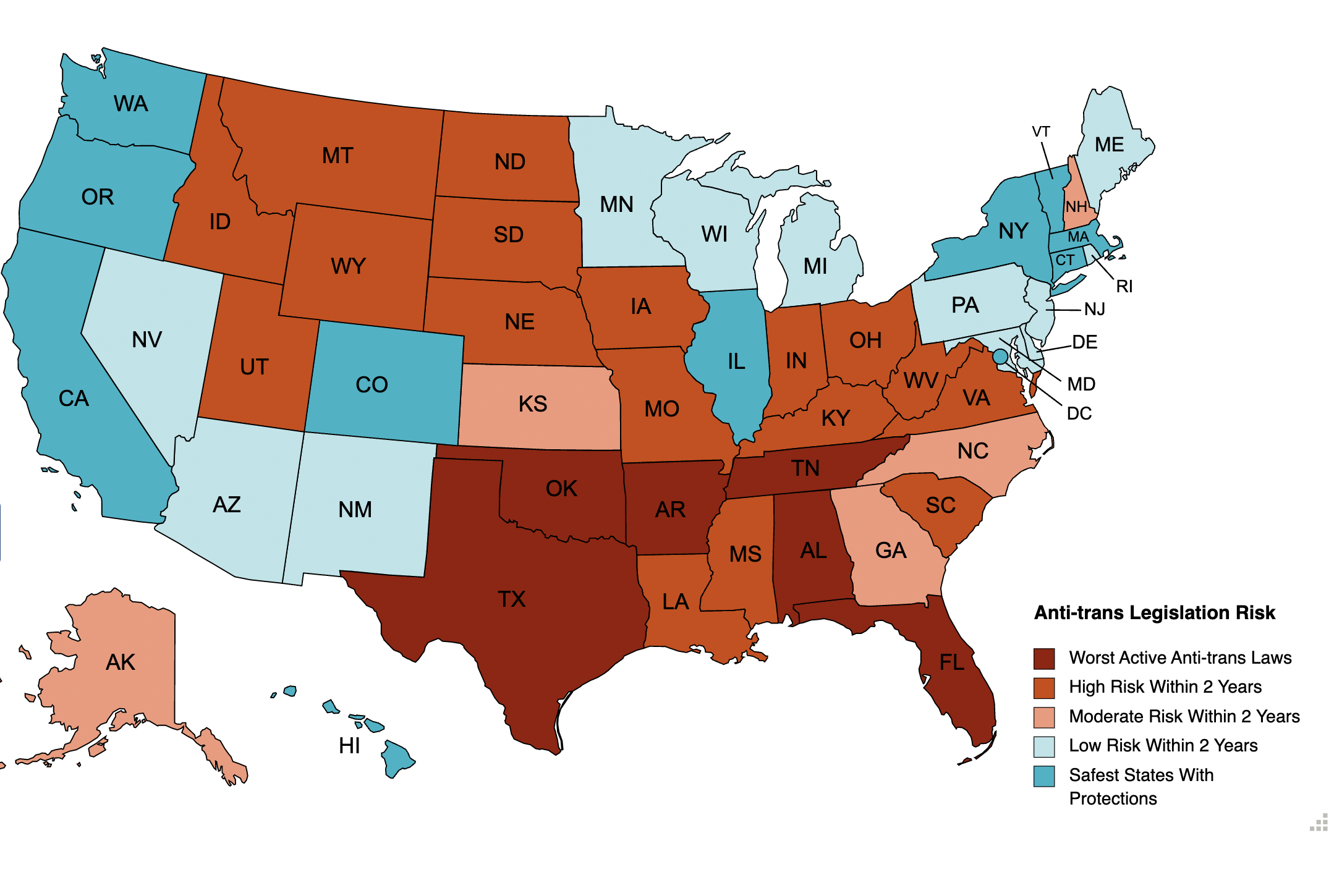 Updated Anti-trans Legislative Risk Assessment Map