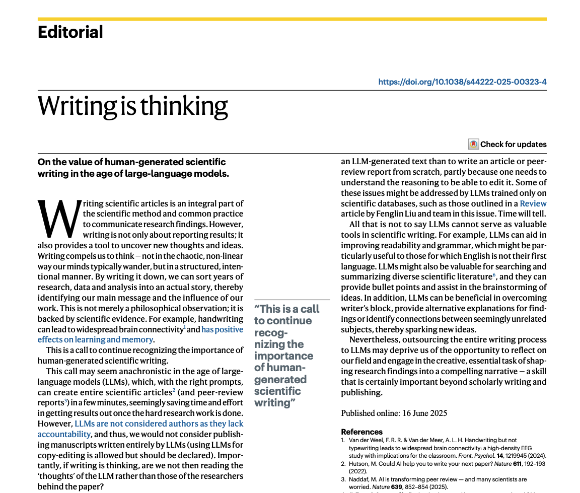 The Culturist (@culturist): "Reminder: writing is thinking. This article in Nature is doing the ...