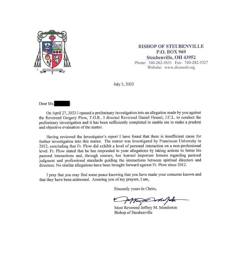 Bishop Monforton's Letter Regarding Fr. Gregory Plow, TOR