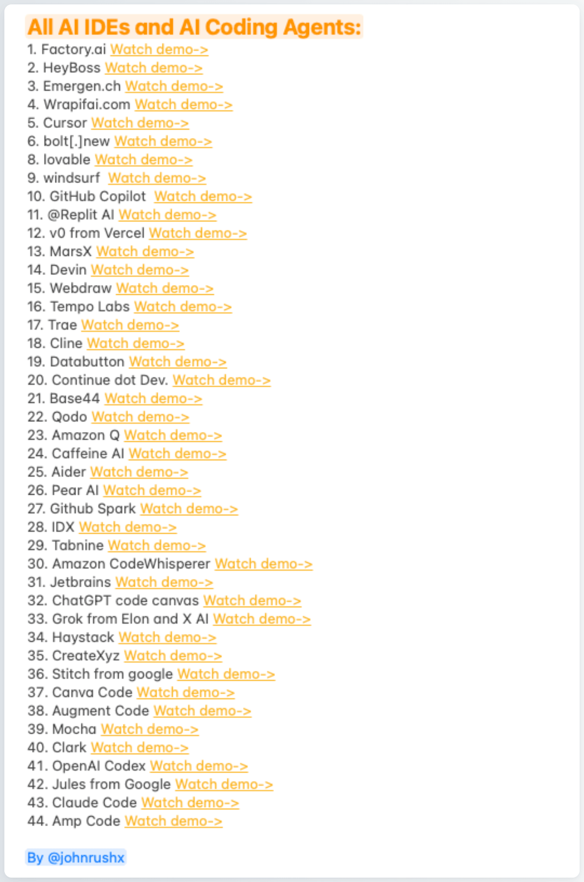 John Rush on Substack: "I've tried all (46 😵‍💫) AI Coding Agents & IDEs The most complete list ...