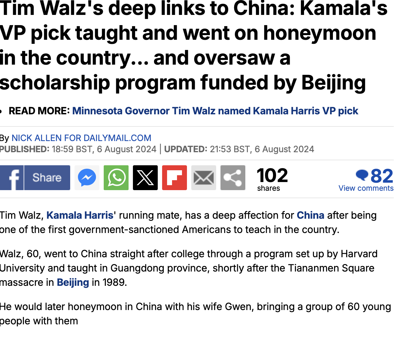 Tim Walz Was A CCP Propagandist For Many Years, 30 Trips To China ...