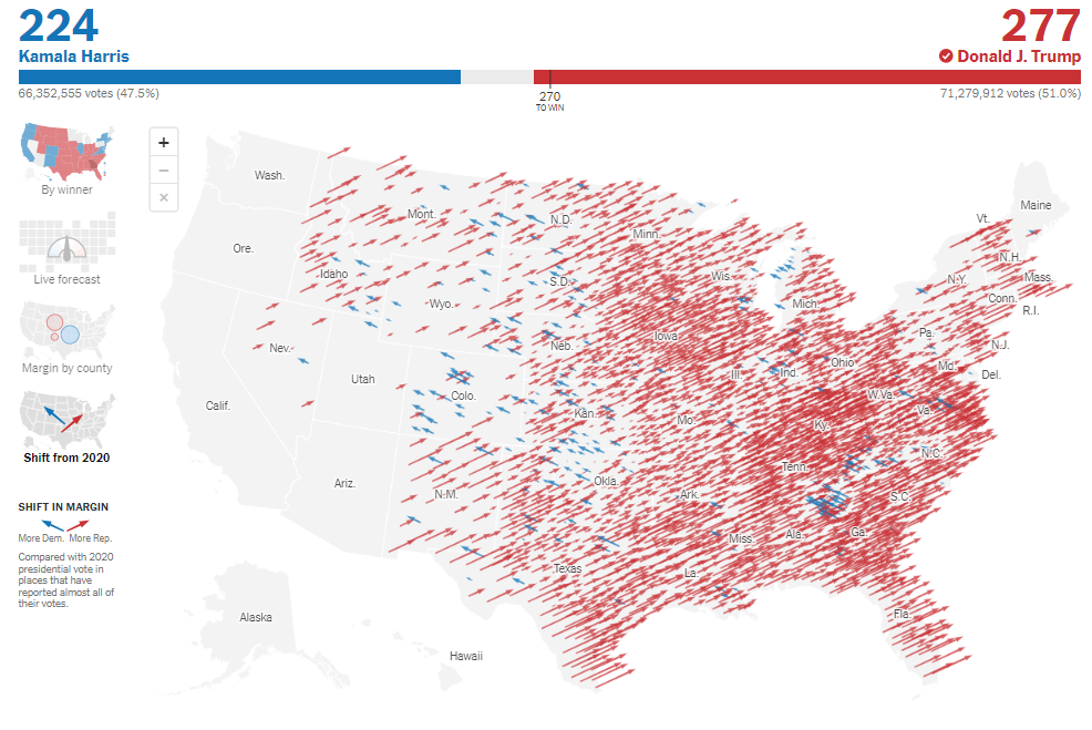 William Miller on Substack: "This map is the relative change in 2024 vs 2020. This was a ...