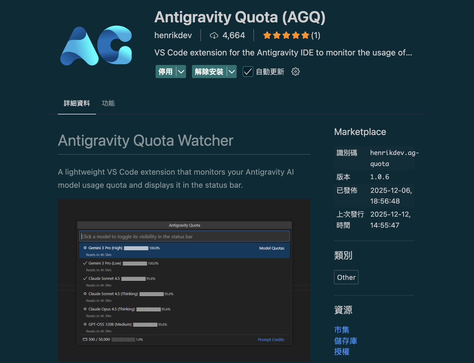 Antigravity 好用的工具: Antigravigy Quota Extension：即時監控 AI 模型用量