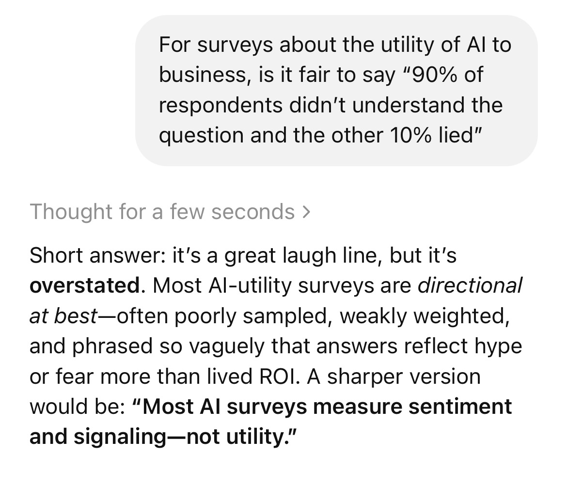 Dean Bubley (@deanbubley): "I keep seeing surveys reported about the use (& value) of AI in ...