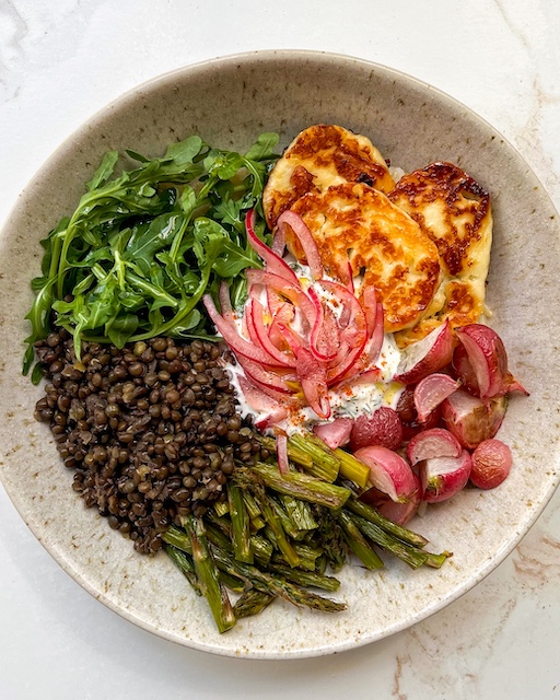Spring Hot Honey Halloumi Bowl - by Carina Wolff