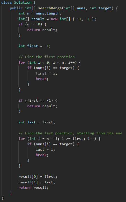 LeetCode #34: Find First and Last Position of Element in Sorted Array Solved in Java