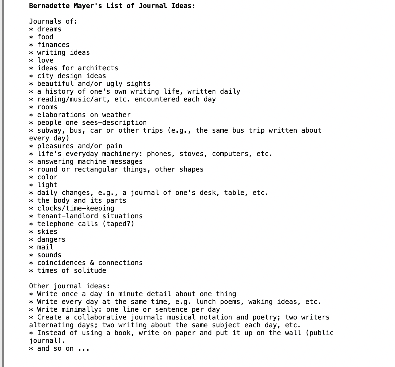 The Moon Lists on Substack: "Bernadette Mayer’s list of journaling topics: https://writing.upenn ...