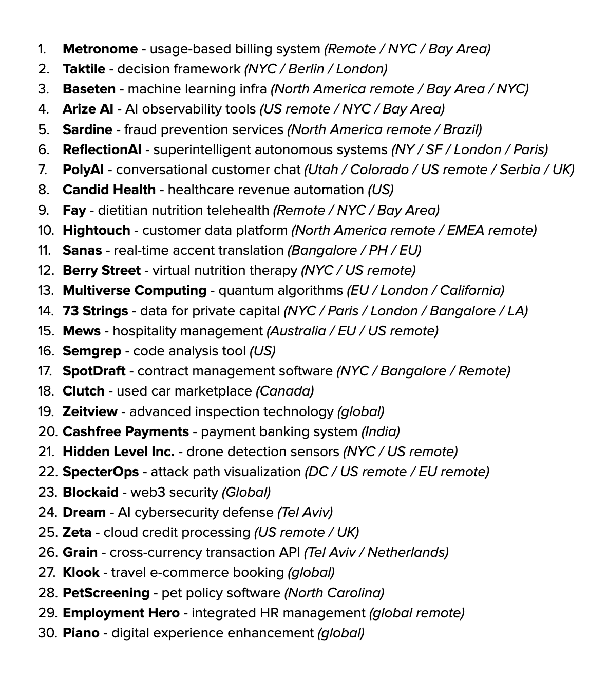 Ben Lang on Substack: "These 30 startups each raised $50-100M in recent weeks and are hiring:"
