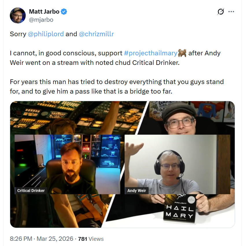 Podcaster Matt Jarbo Explains Why He's Boycotting 'Project Hail Mary'