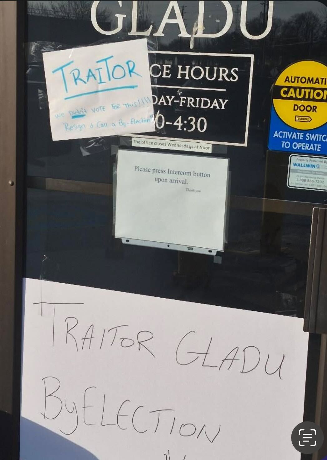 "Traitor" signs hit Gladu constituency office