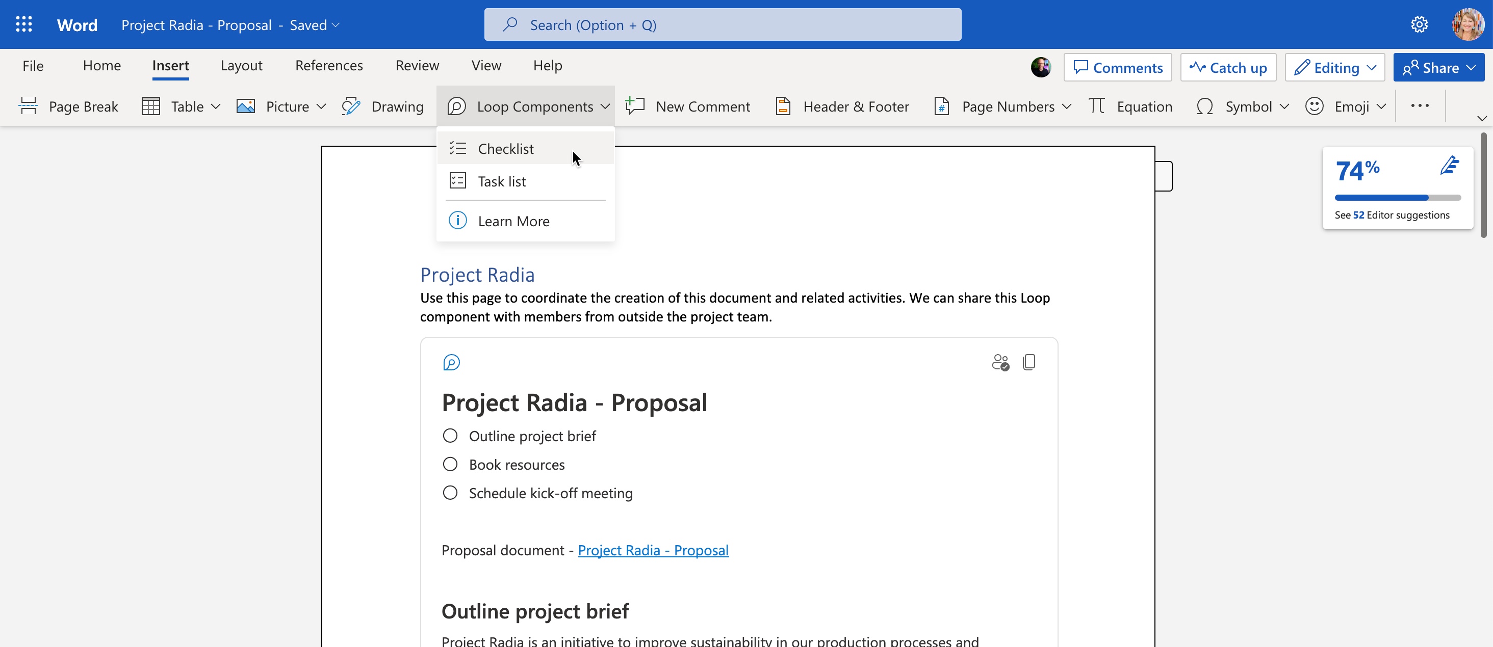 Microsoft Loop components in Word Online and Microsoft Whiteboard