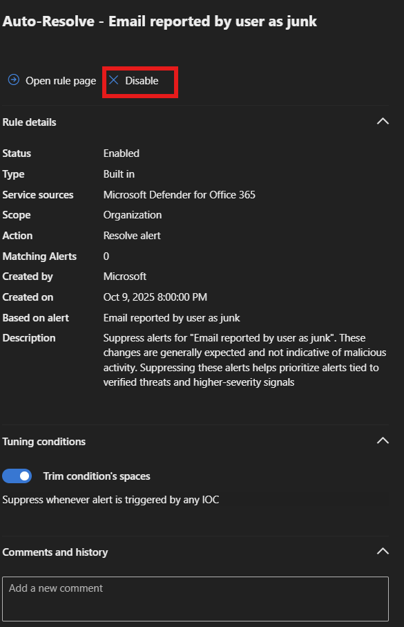 New built‑in Alert Tuning rules in Defender
