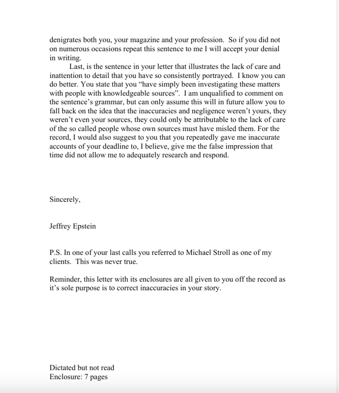 Here's Epstein's Written Screed To Me Regarding Maria And Annie Farmer