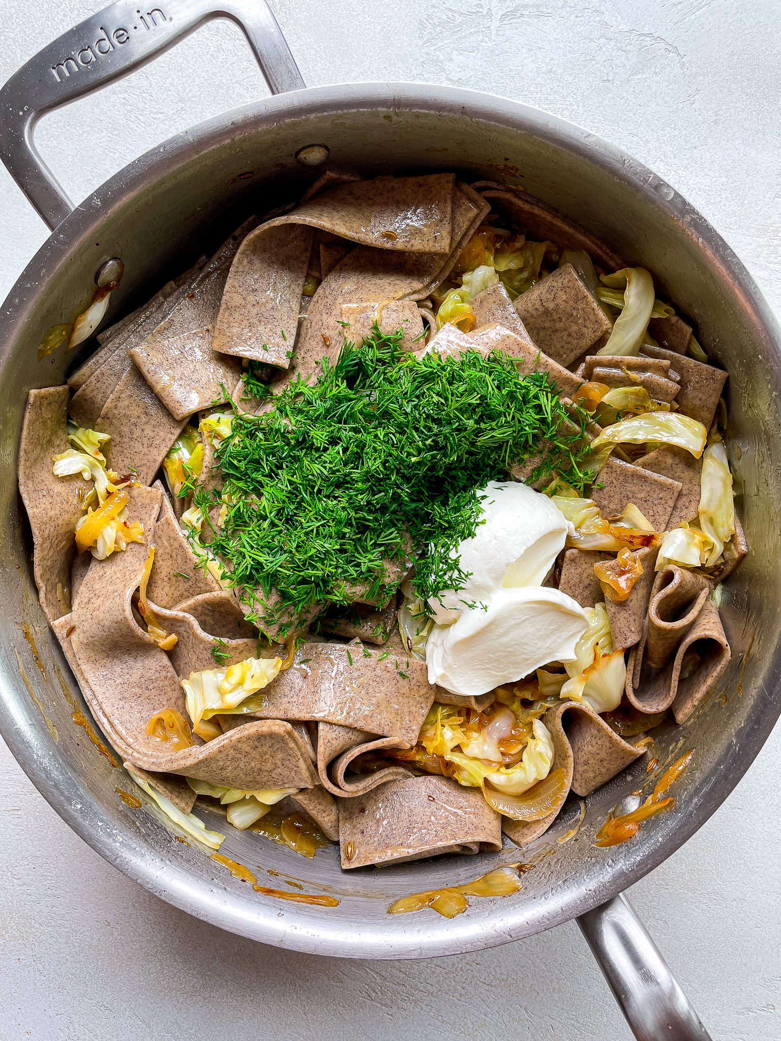 buckwheat pasta with buttery fried cabbage & dill