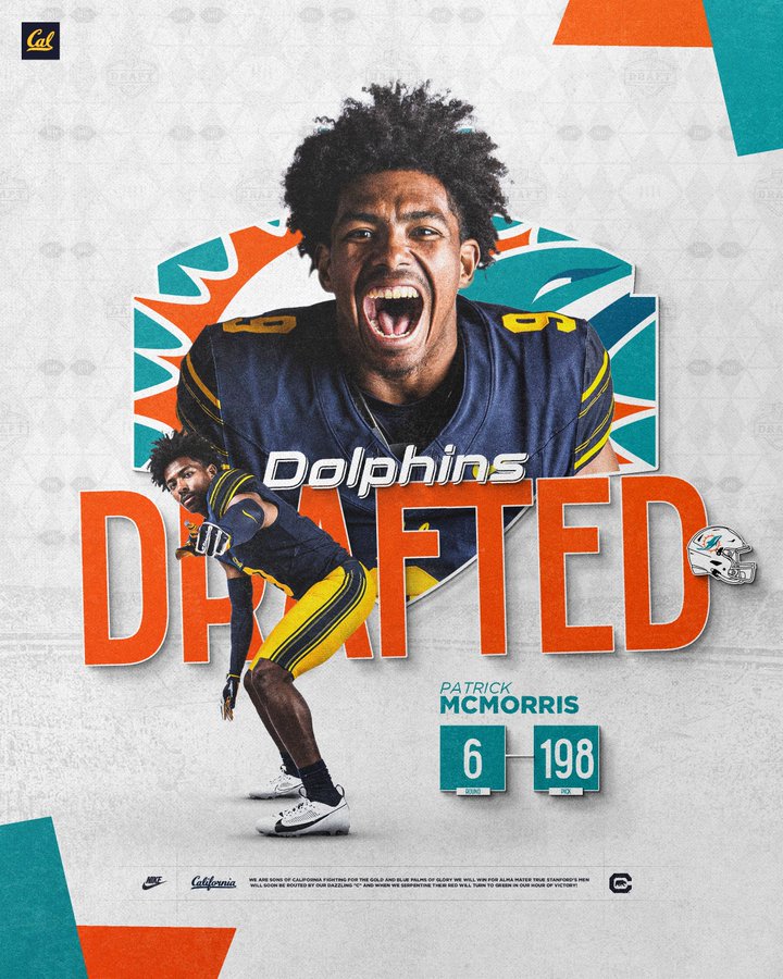Cal DB Patrick McMorris drafted by the Miami Dolphins with the 198th pick