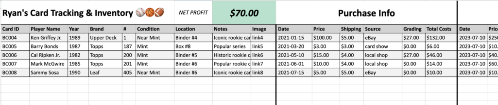 Card Tracking Spreadsheet - Ballcard Genius