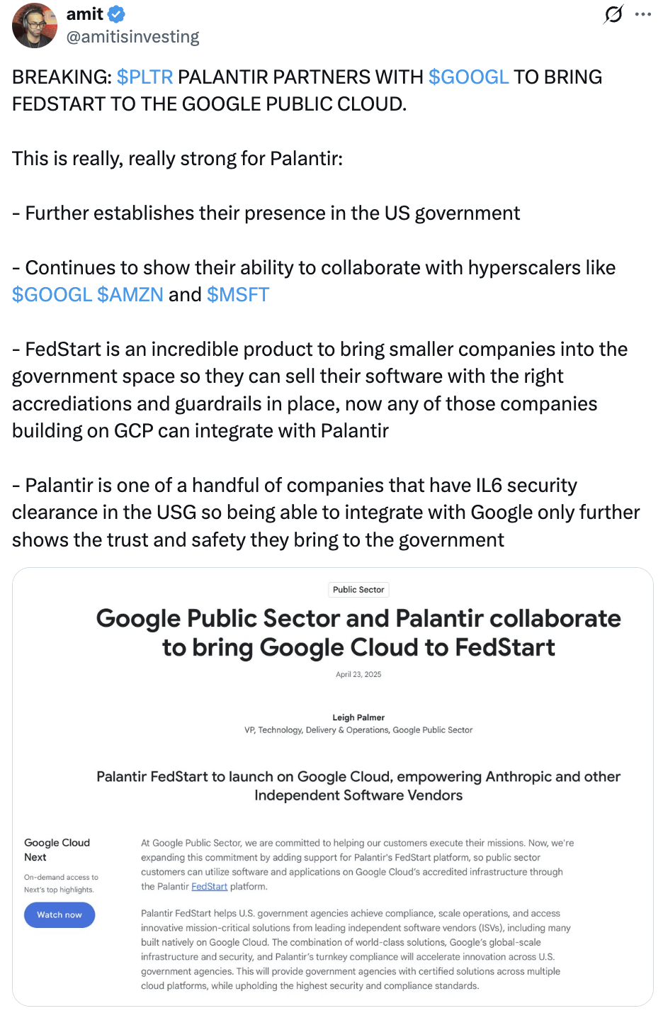 🤝 Google Cloud Partnership | Palantir Bullets #127