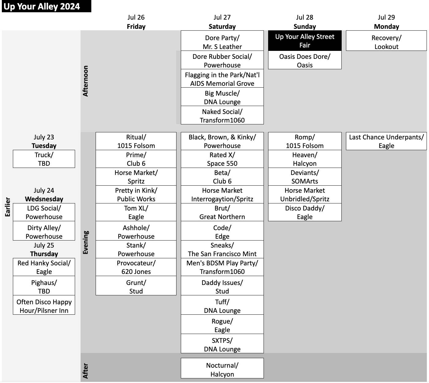 Up Your Alley/Dore Weekend Party Guide 2024 - Andymatic