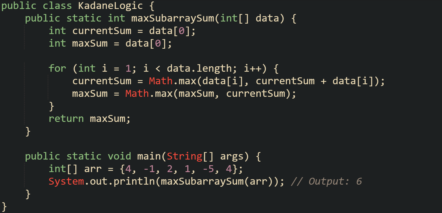 Kadane's Algorithm for Maximum Subarray in Java