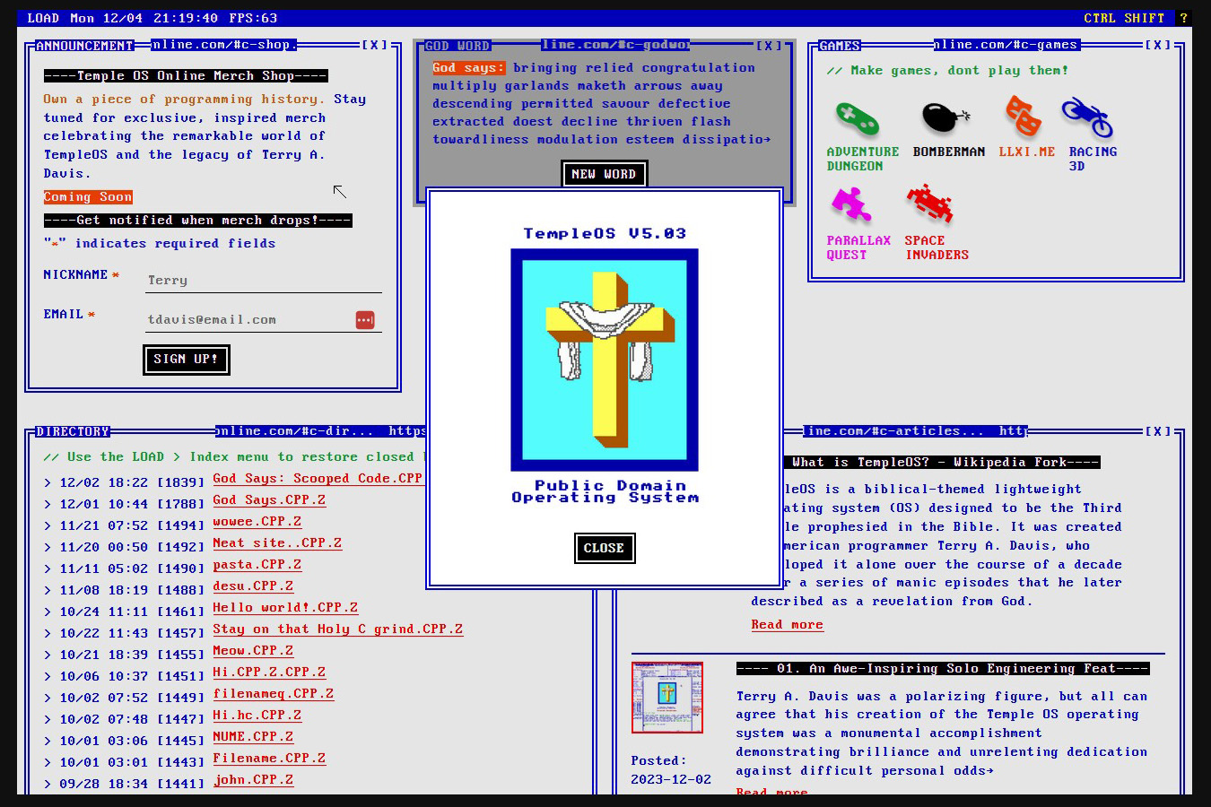 TempleOS: The Faith-Infused Operating System and the Life of Terry A. Davis