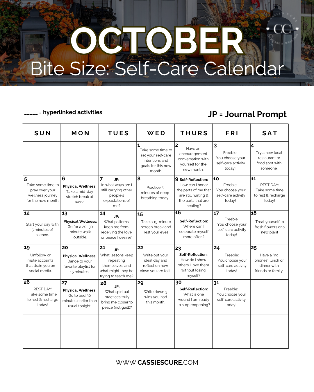 October Self-Care Calendar - by Cassie Butcher