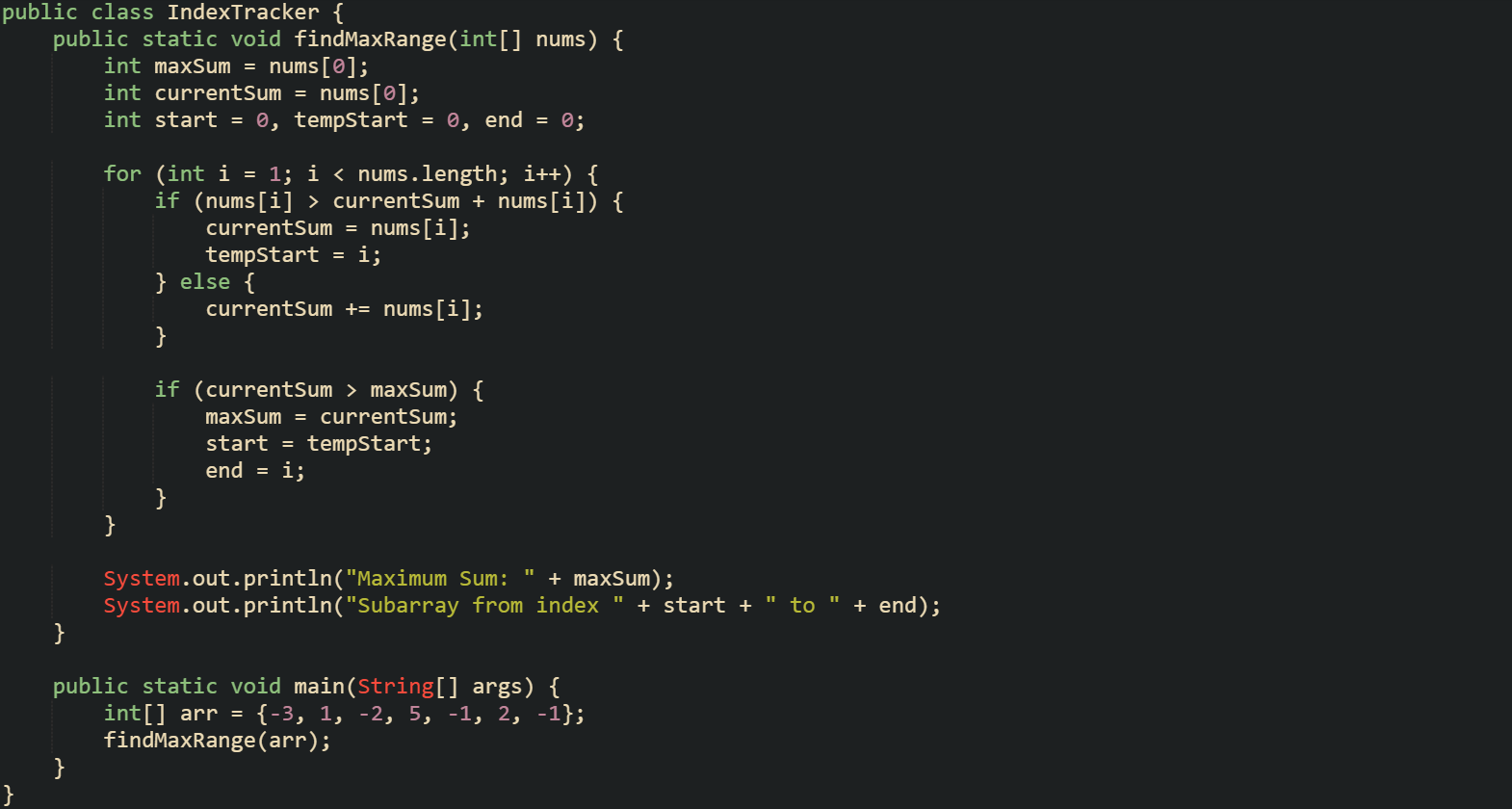 Kadane's Algorithm for Maximum Subarray in Java