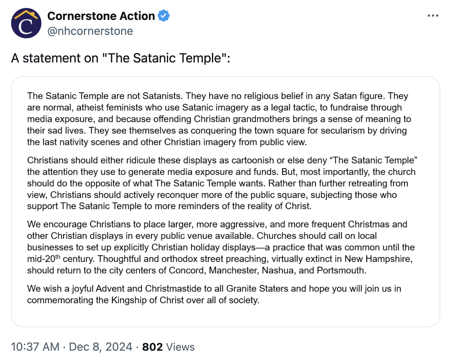 A Satanic display was destroyed outside the New Hampshire Capitol